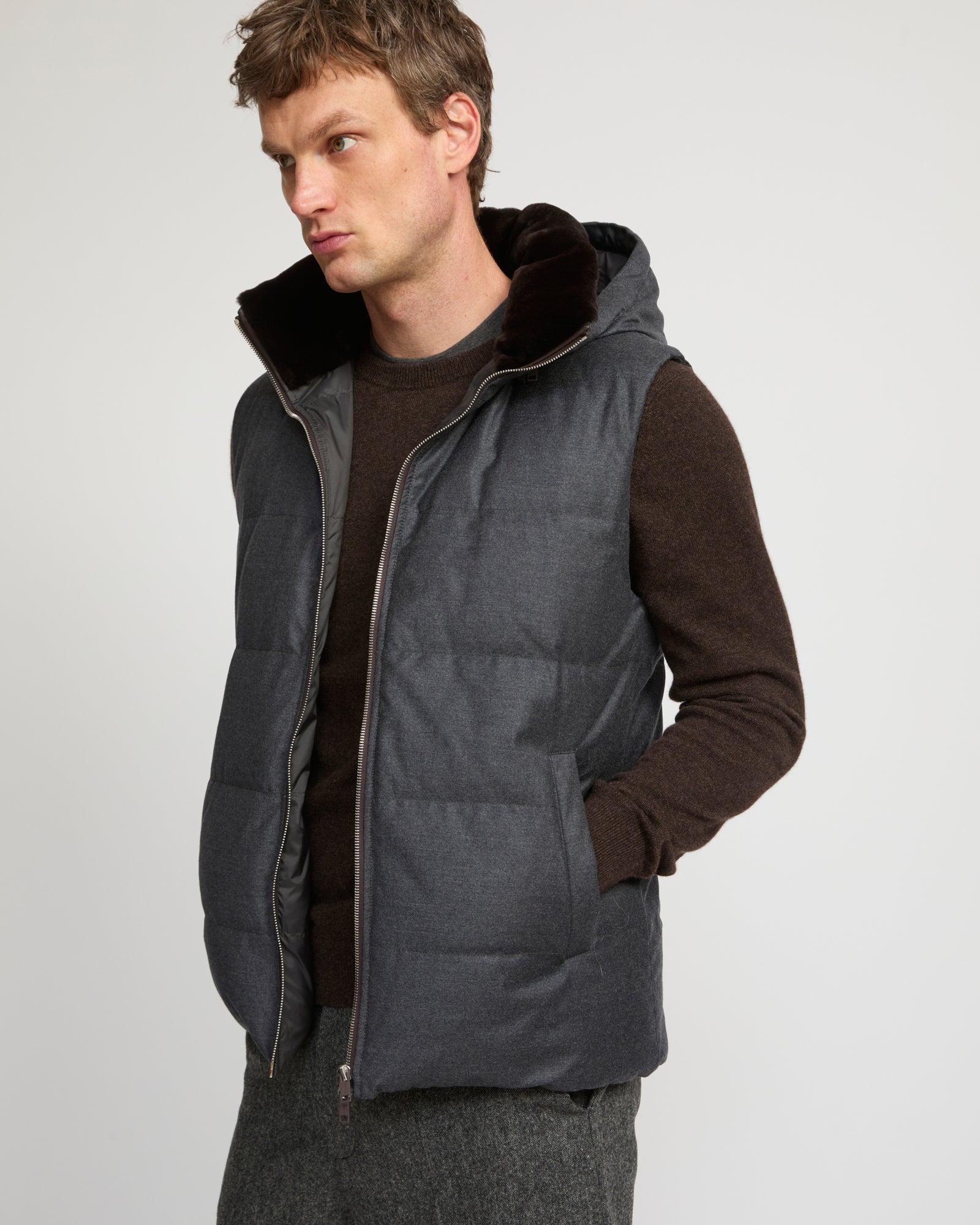 Down Gilet made with Loro Piana fabric with mink fur trim - grey - Yves Salomon – Yves Salomon US