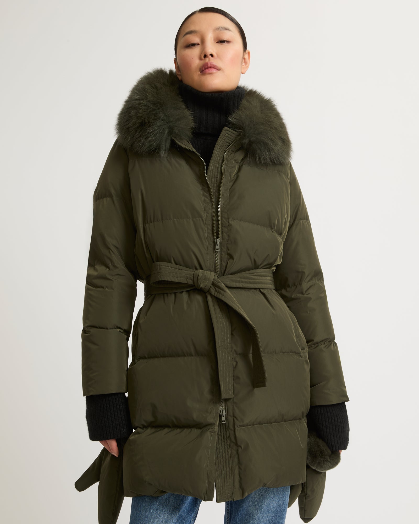 Long belted down jacket in technical fabric with removable fur collar - khaki - Yves Salomon ...