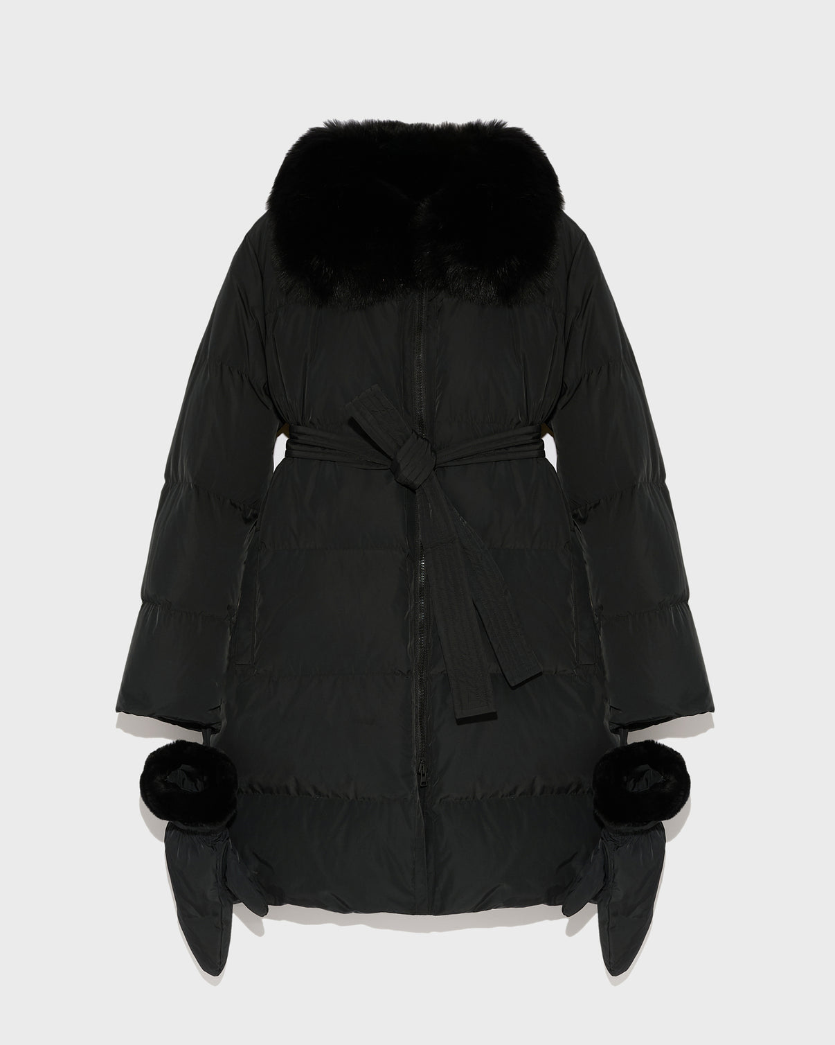 Long belted down jacket in technical fabric with removable fur collar - black - Yves Salomon ...